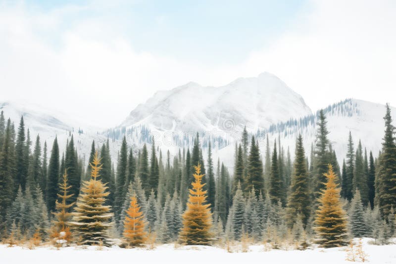 Pine Forest Covered in Snow with a Mountain Backdrop Stock Illustration ...