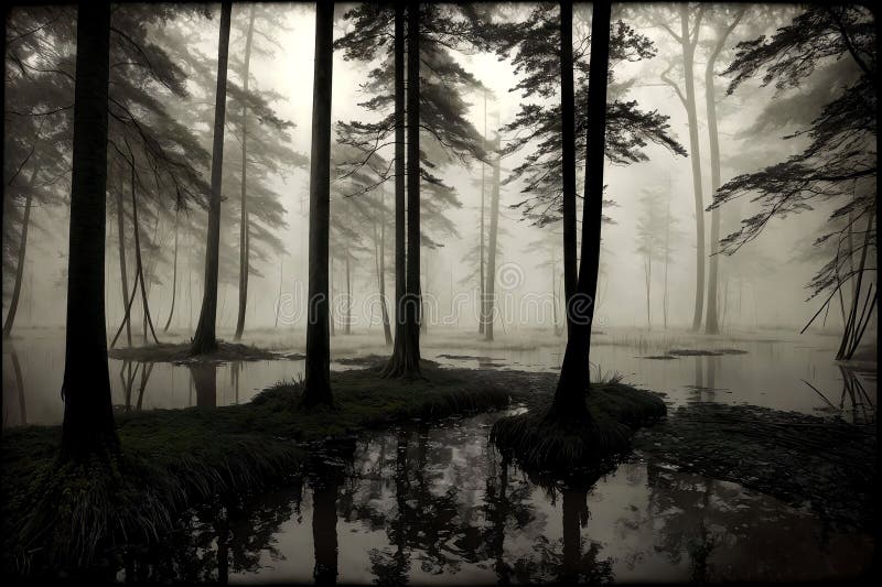 Pine Forest with Fog and Reflection in the Pond. Vintage Photo Stock ...