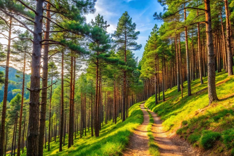 Pine Forest Pathway on Slopes Stock Illustration - Illustration of ...