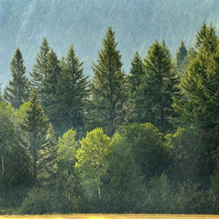 Pine Forest during Rainstorm Lush Trees Raindrops Falling Down Stock ...