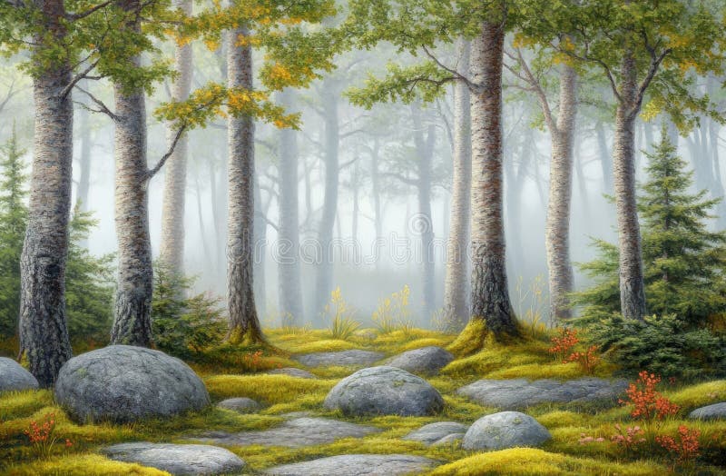 Pine Forest Set in a Wild Landscape, with Rocks Overgrown by Moss Stock ...