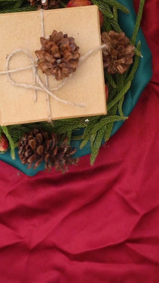 Pine Leaves, Dried Pine, and Gift Box with Red Background. Concept of Christmas Stock Image ...
