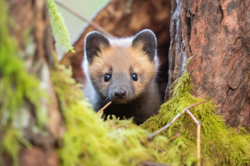 Pine Marten Cautiously Poking Out from a Tree Hole Stock Image - Image ...