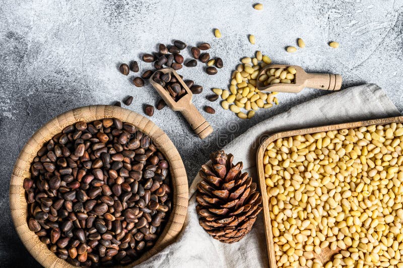 Pine Nuts Peeled and in the Shell. Gray Background Stock Photo - Image ...