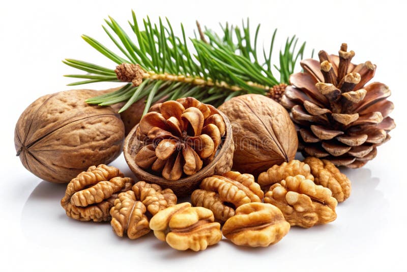 Pine Nuts and Walnuts on a White Background Stock Illustration ...