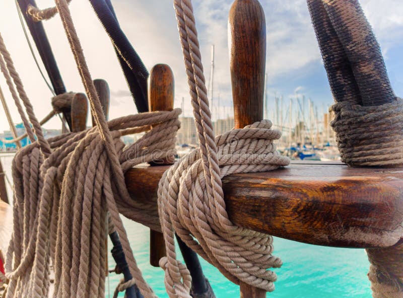 Pin Rail with Fixed Ropes. an Old Sailing Ship Stock Image - Image of ...