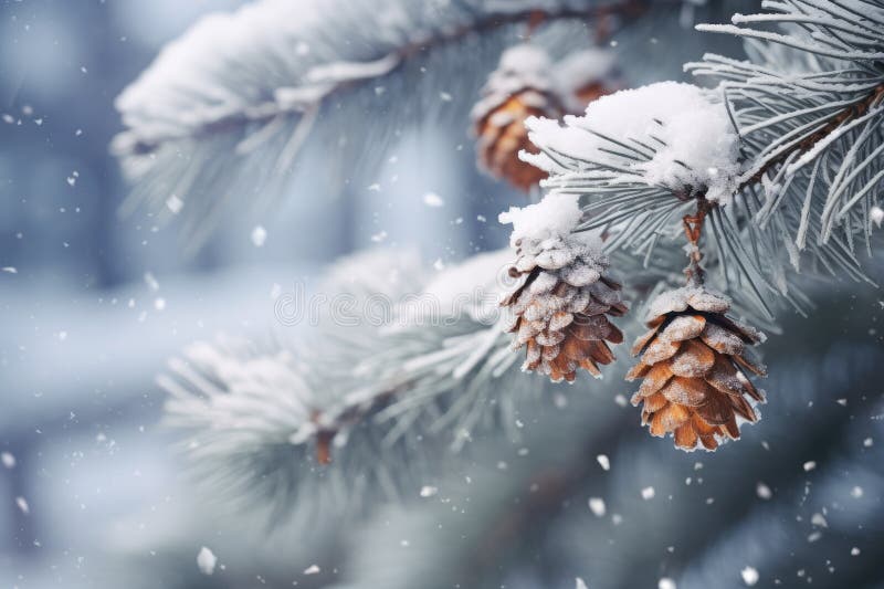 A Pine Tree Branch with Snow Falling on the Branches and a Blurry ...