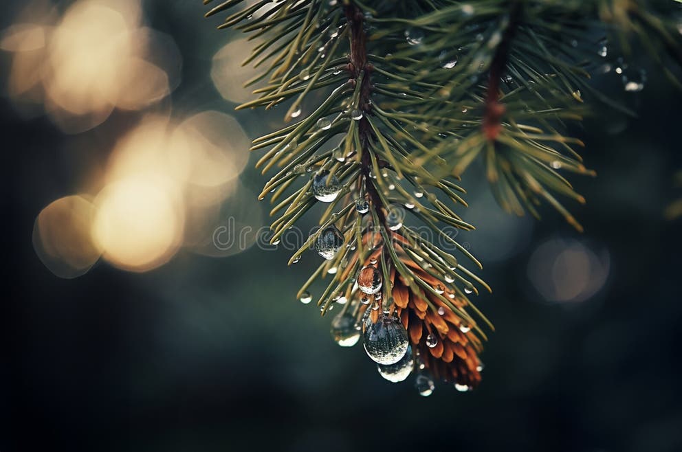 A Pine Tree Branch with Water Drops and a Small Pine Cone Stock Illustration - Illustration of ...