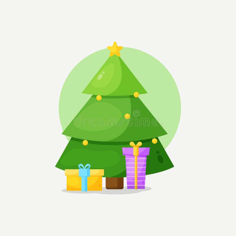 Pine Tree with Christmas Gift Box Cartoon Illustration Stock Vector ...