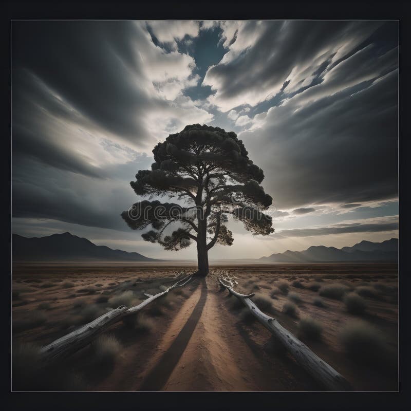 Pine Tree in a Desert Road with Dramatic Sky and Clouds. Generative Ai ...