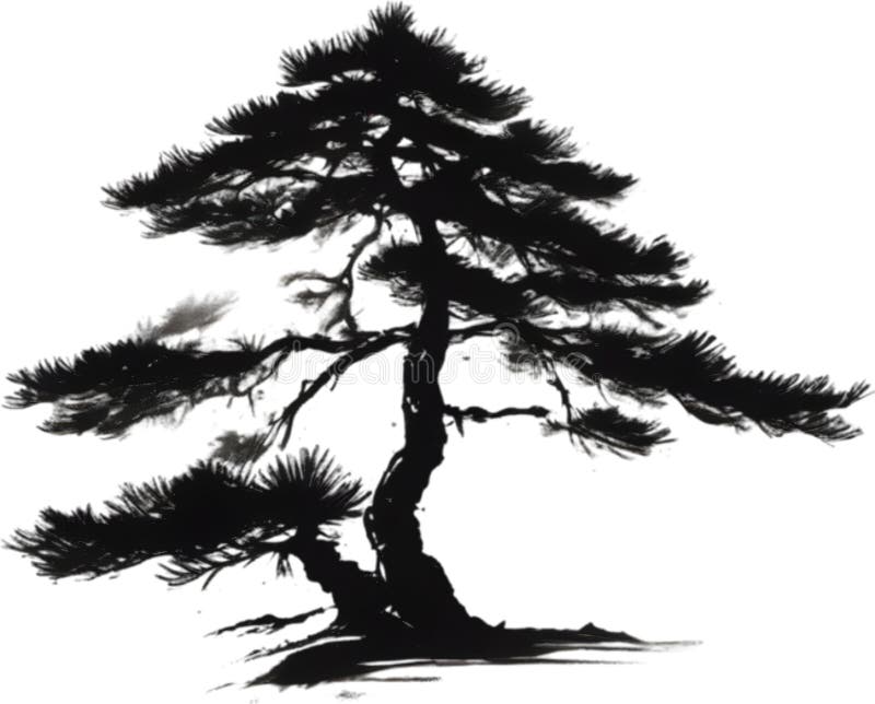 Pine Tree, Drawing of Pine Tree Using the Japanese Brushstroke ...