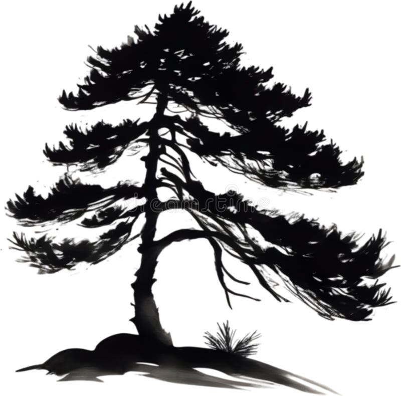 Pine Tree, Drawing of Pine Tree Using the Japanese Brushstroke ...