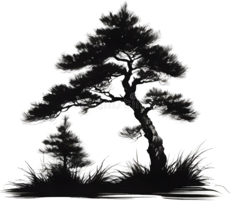 Pine Tree, Drawing of Pine Tree Using the Japanese Brushstroke ...