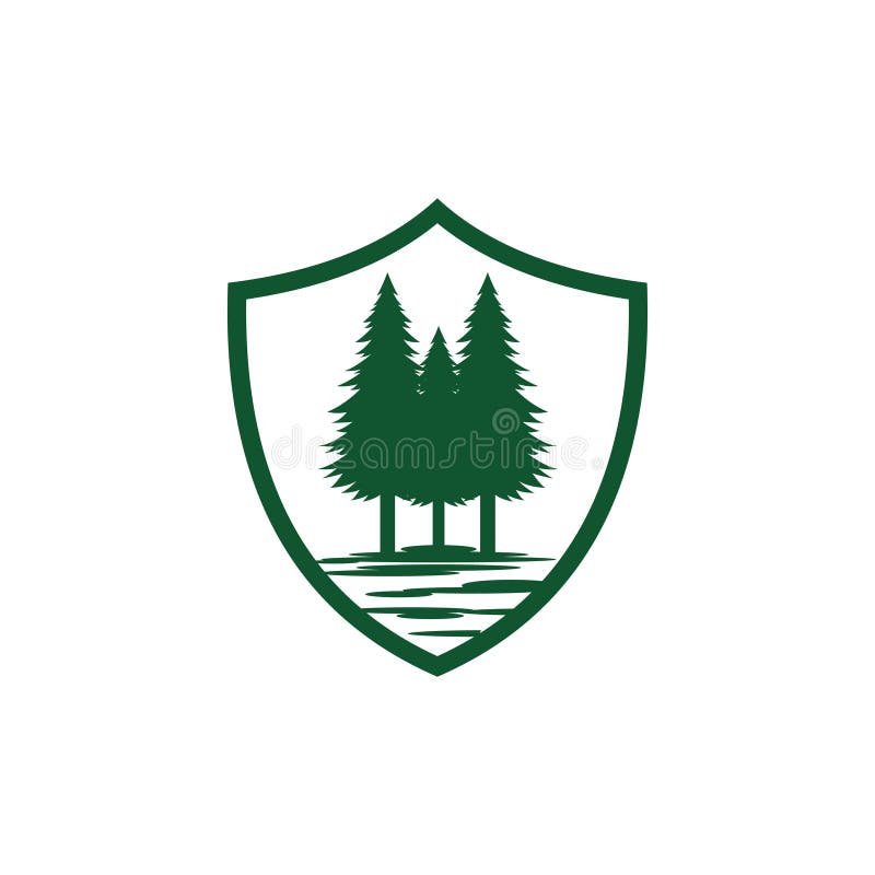 Pine Tree Forest with Shield Vector Logo Stock Vector - Illustration of ...