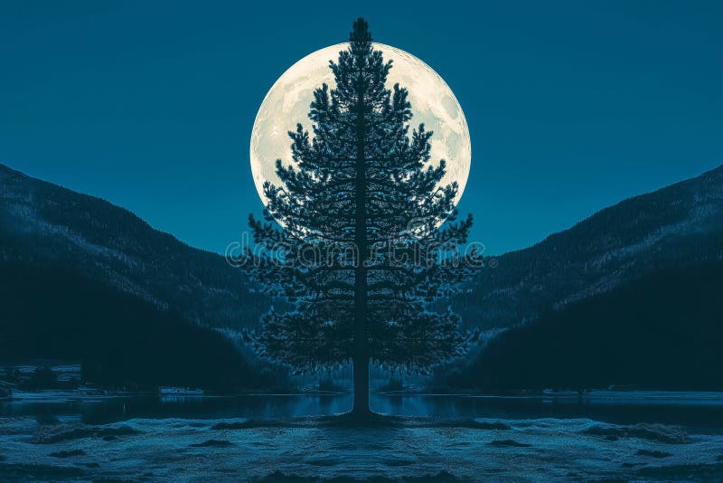 Pine Tree in Front of the Moon. Night Scene Synthwave. by Generative Ai ...