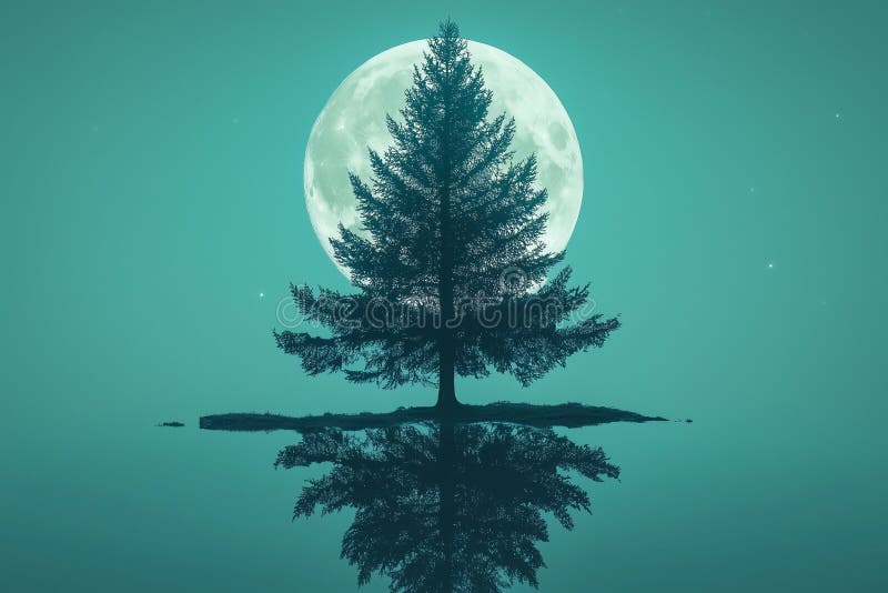 Pine Tree in Front of the Moon. Night Scene Synthwave. by Generative Ai ...