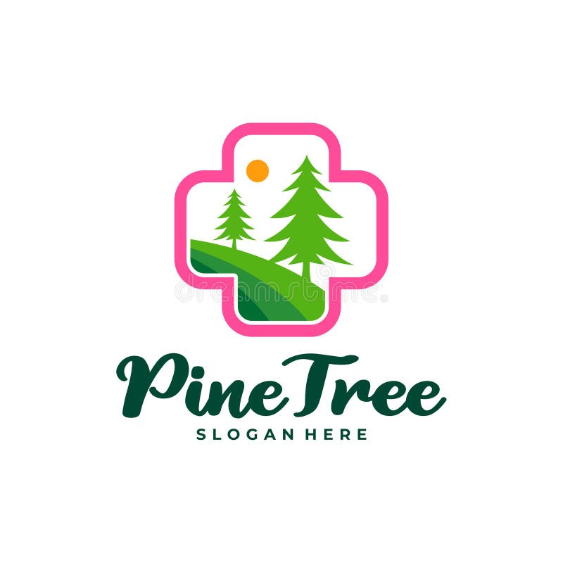 Pine Tree with Health Plus Logo Design Vector. Creative Pine Tree Logo ...