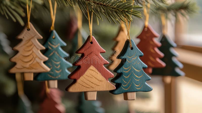 Pine Tree Ornaments Crafted from Wood and Painted by Hand Stock ...