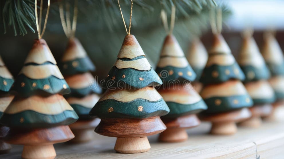 Pine Tree Ornaments Crafted from Wood and Painted by Hand Stock ...