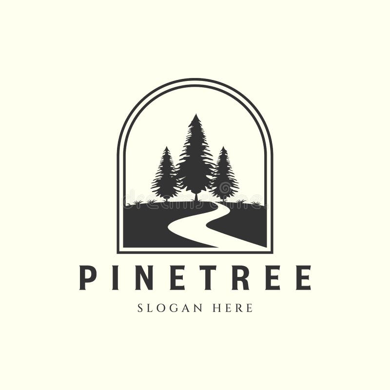 Pine Tree with River Vintage Vector Style Logo and Emblem Template ...