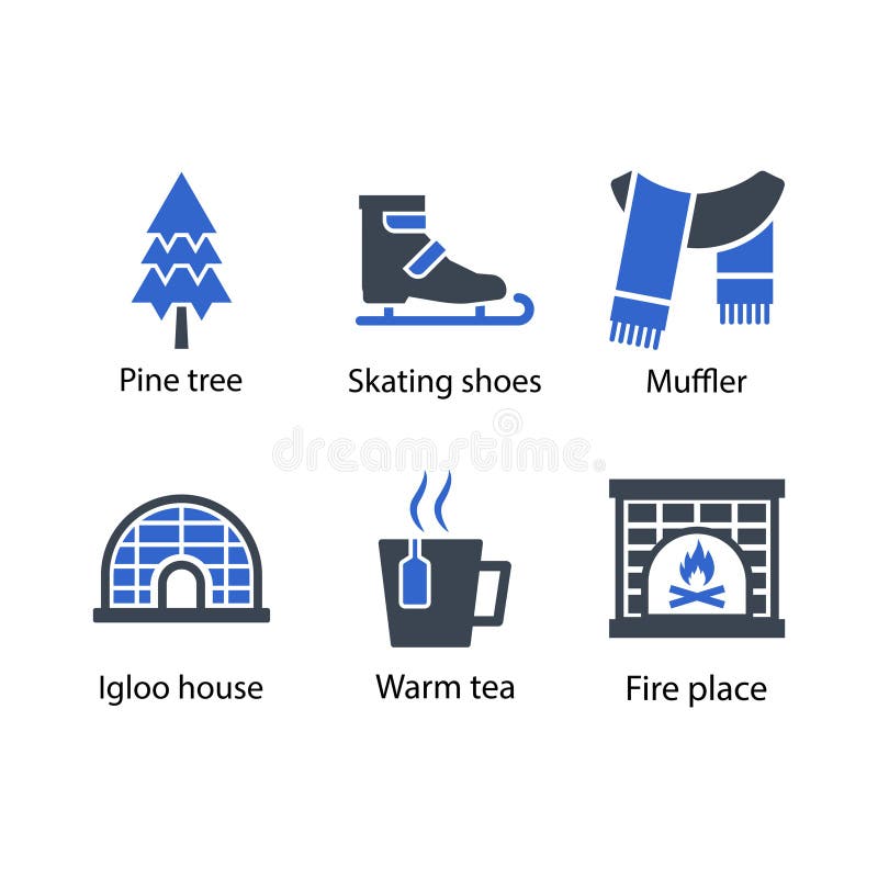 Pine Tree, Skating Shoes, Muffler, Igloo House, Warm Tea, Fire Place ...