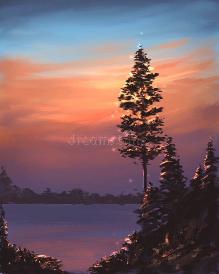 Pine tree at the sunset stock illustration. Illustration of forest ...