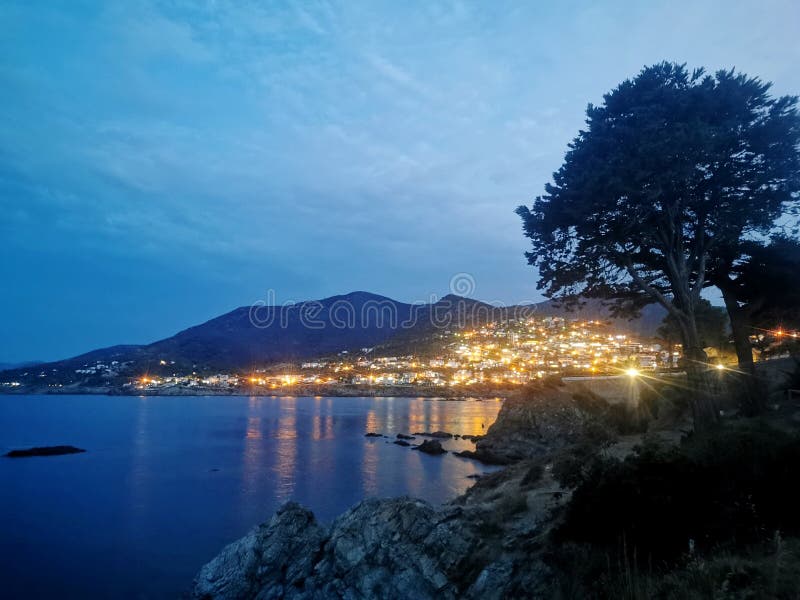 Pine Tree and View of a Mediterranean Town Stock Photo - Image of dawn ...