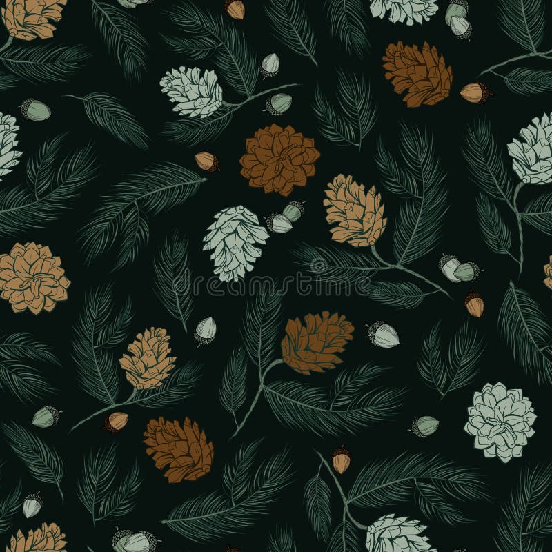 Pine Trees and Acorns Vector Seamless Pattern in Scandinavian Dark ...