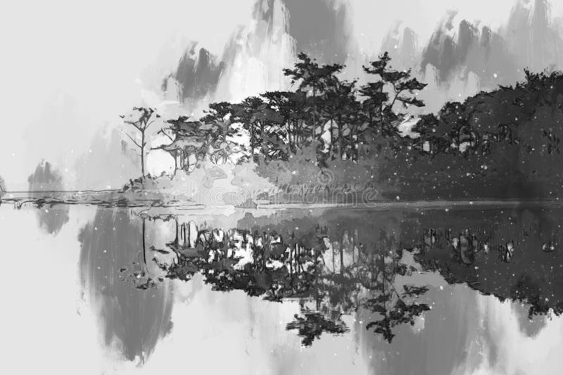 Pine Trees Forest and Lake in Monotone, Digital Painting Illustration ...