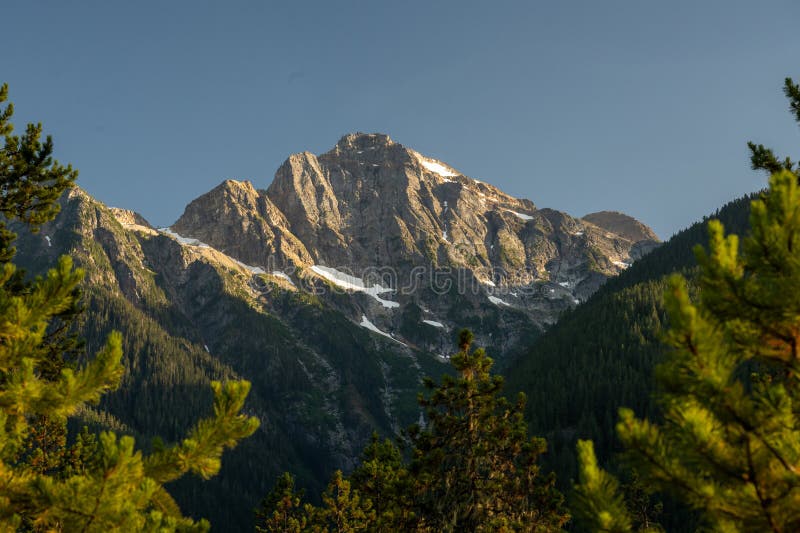 Pine Trees Frame Colonial Peak High Above Stock Photo - Image of pine ...