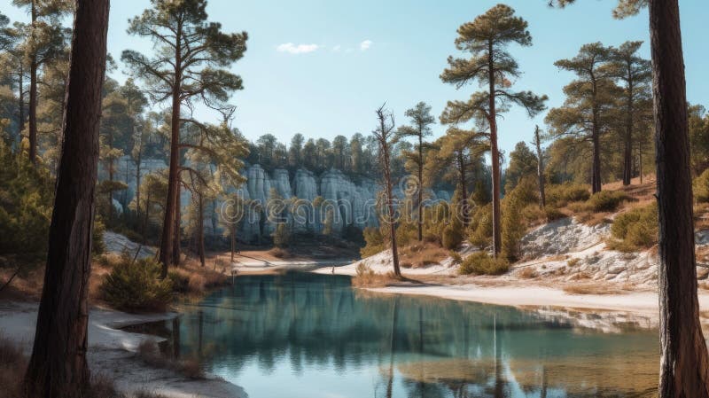 Pine Trees Frame View of Badlands at Lake Stock Image - Image of frame ...
