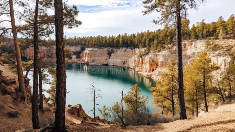 Pine Trees Frame View of Badlands at Lake Stock Photo - Image of view ...