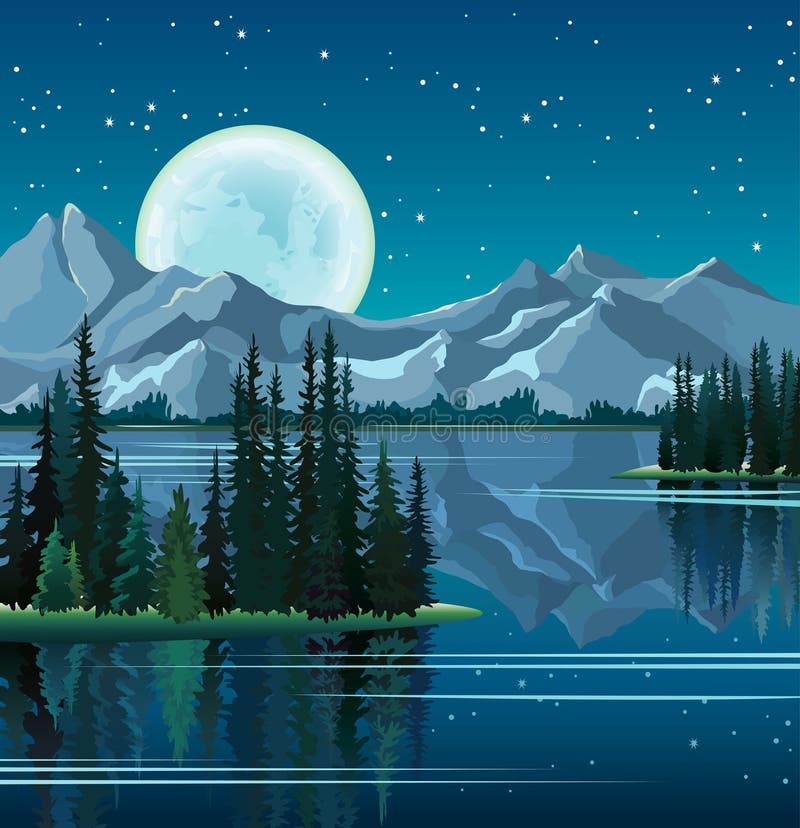 Pine Trees and Full Moon Reflected in Water with Mountains Stock ...