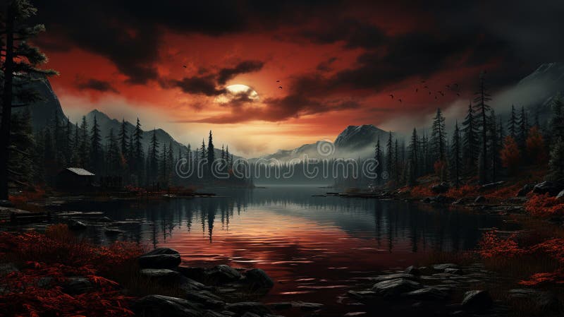 Pine Trees on a Moody Fall Landscape. Fantasy Natural Environment ...