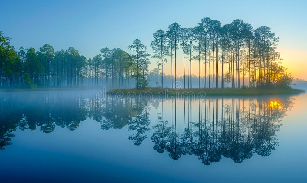 Pine Trees and Reflection in the Lake at Sunrise Stock Photo - Image of ...