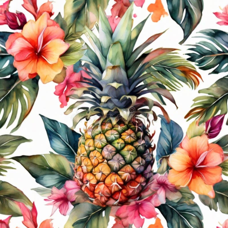 Watercolor Pineapple Pattern, Summer Vibes Fruit Design Stock ...