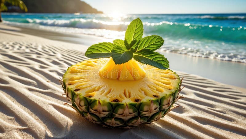 Refreshing Pineapple on Tropical Beach at Sunset Stock Illustration ...