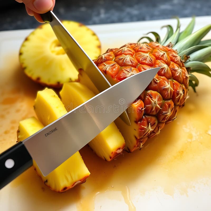 A Pineapple Being Sliced with a Sharp Knife on a Cutting Board Stock ...