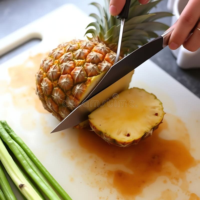 A Pineapple Being Sliced with a Sharp Knife on a Cutting Board Stock ...