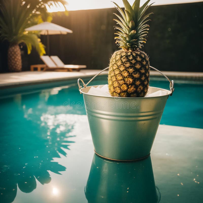 Pineapple in a Bucket by the Pool. Generative AI Stock Illustration ...