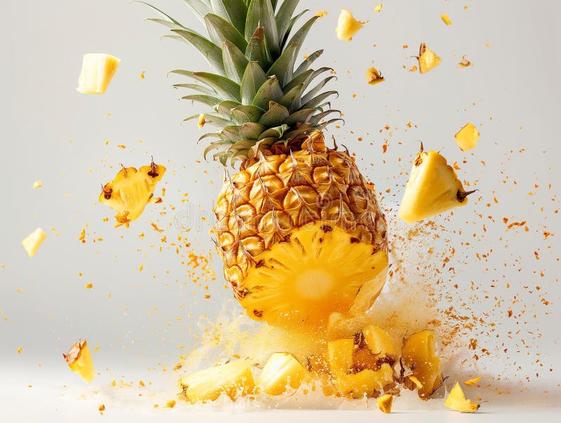 Pineapple Burst with Pieces Flying, White Background, AI-generated. Stock Image - Image of ...