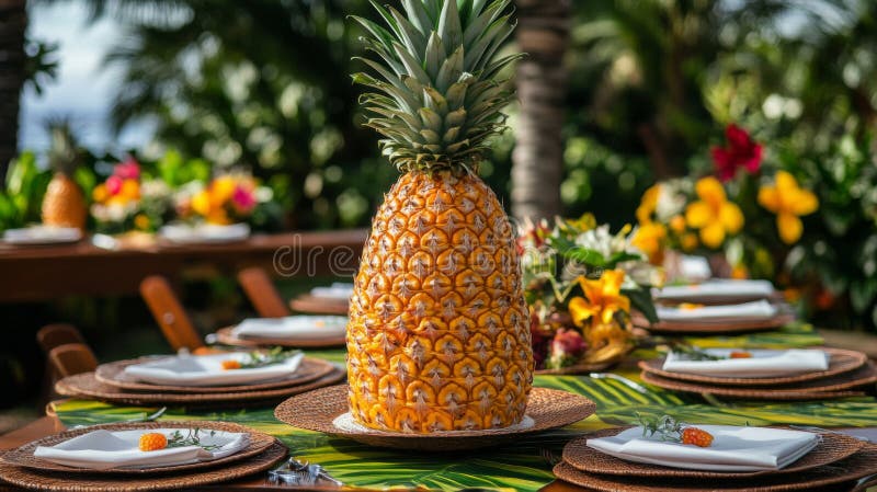 Pineapple Centerpiece at Tropical Outdoor Table Setting Stock ...
