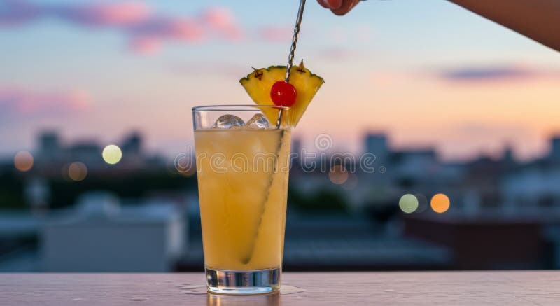 Pineapple Cocktail at Sunset with City Lights Stock Photo - Image of ...