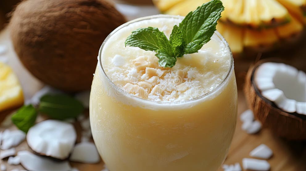 Pineapple Coconut Cocktail with Mint Sprig Garnish. Stock Photo - Image ...
