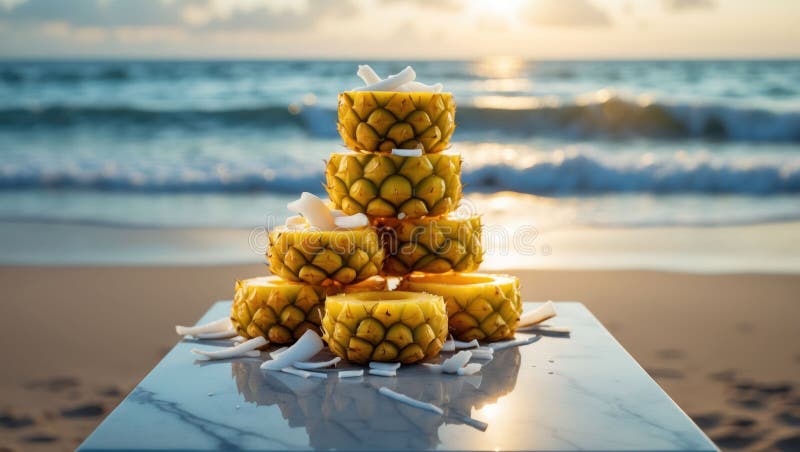 Tropical Pineapple and Coconut Sunset at the Beach Stock Illustration ...