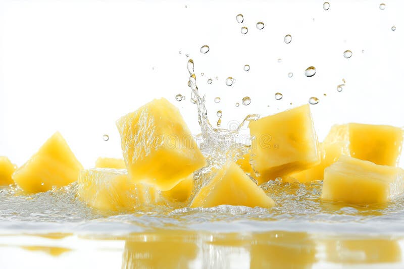 Pineapple Cubes Splashing into Water on White Background Stock ...