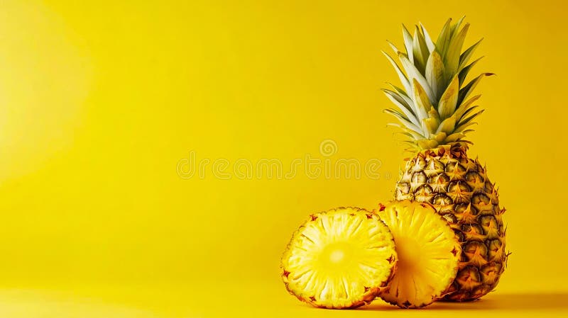 A Pineapple Cut in Half on a Yellow Background Stock Image - Image of ...