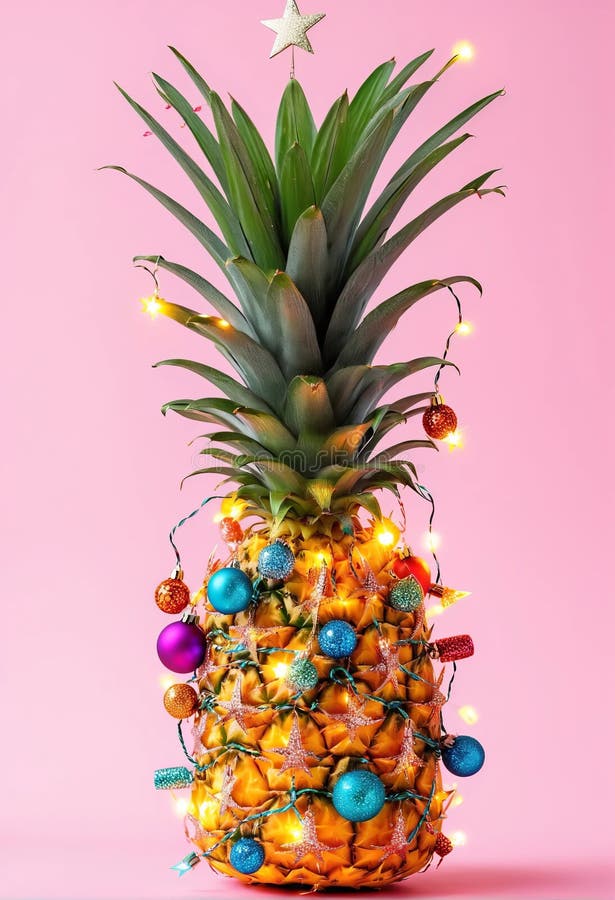 Pineapple Decorated Like a Christmas Tree on a Solid Pink Background ...