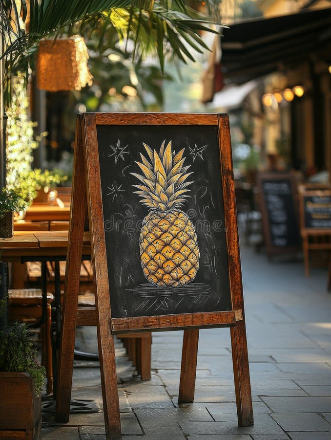 Pineapple Drawing on Chalkboard Sign at Outdoor Cafe. Stock Photo ...