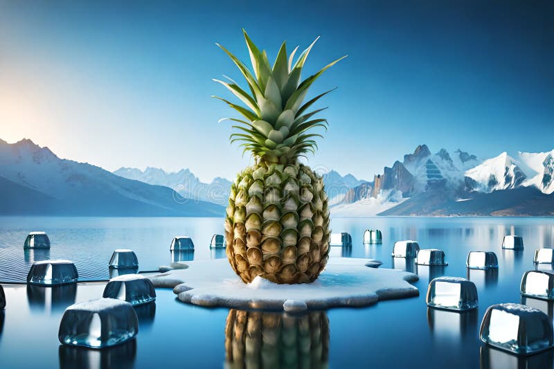Pineapple Floating on a Ice with Ice Cubes. Sunlight and Mountains in ...
